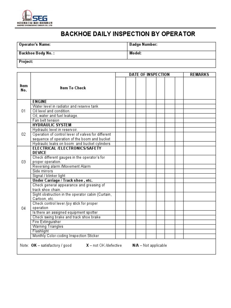Backhoe Daily Inspection Checklist | PDF | Technology & Engineering