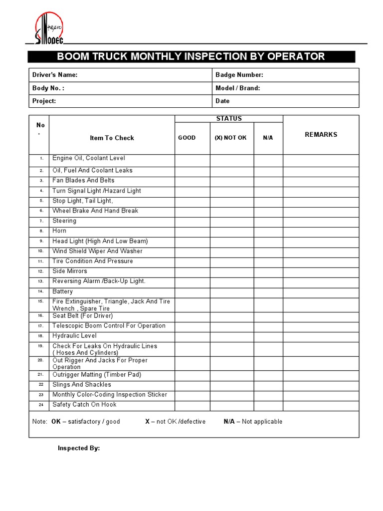 Boom Truck Inspection by Operator-Monthly | PDF