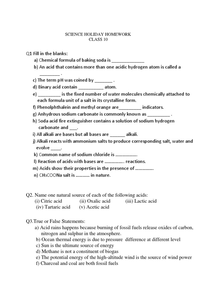 SCIENCE HOLIDAY HOMEWORK - Docx Class10 | PDF | Acid | Sodium Carbonate