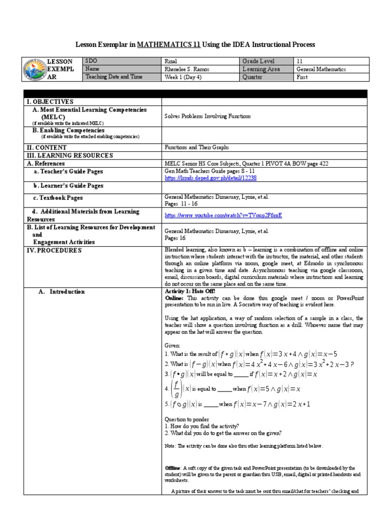 Lesson Exemplar in MATHEMATICS 11 Using The IDEA Instructional Process ...