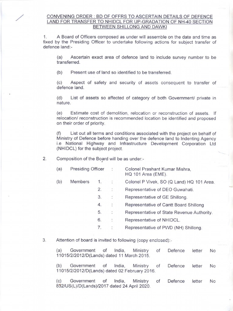 Convening Order SD NH40 Defence Land | PDF