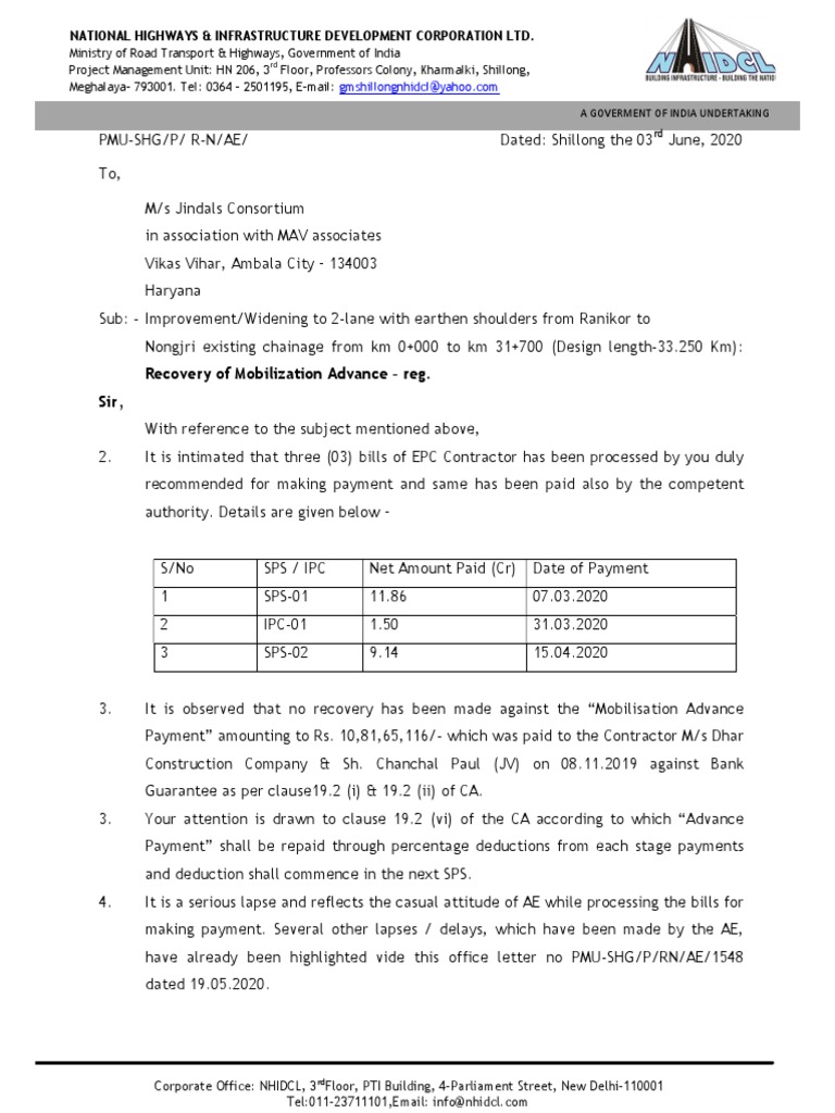 Letter To AE For Mobilization Advance | PDF | Government | Business