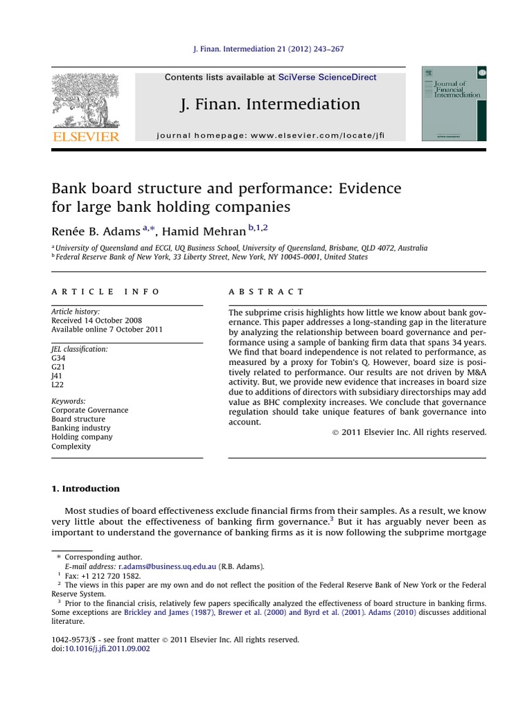 J. Finan. Intermediation: Renée B. Adams, Hamid Mehran | PDF | Book ...