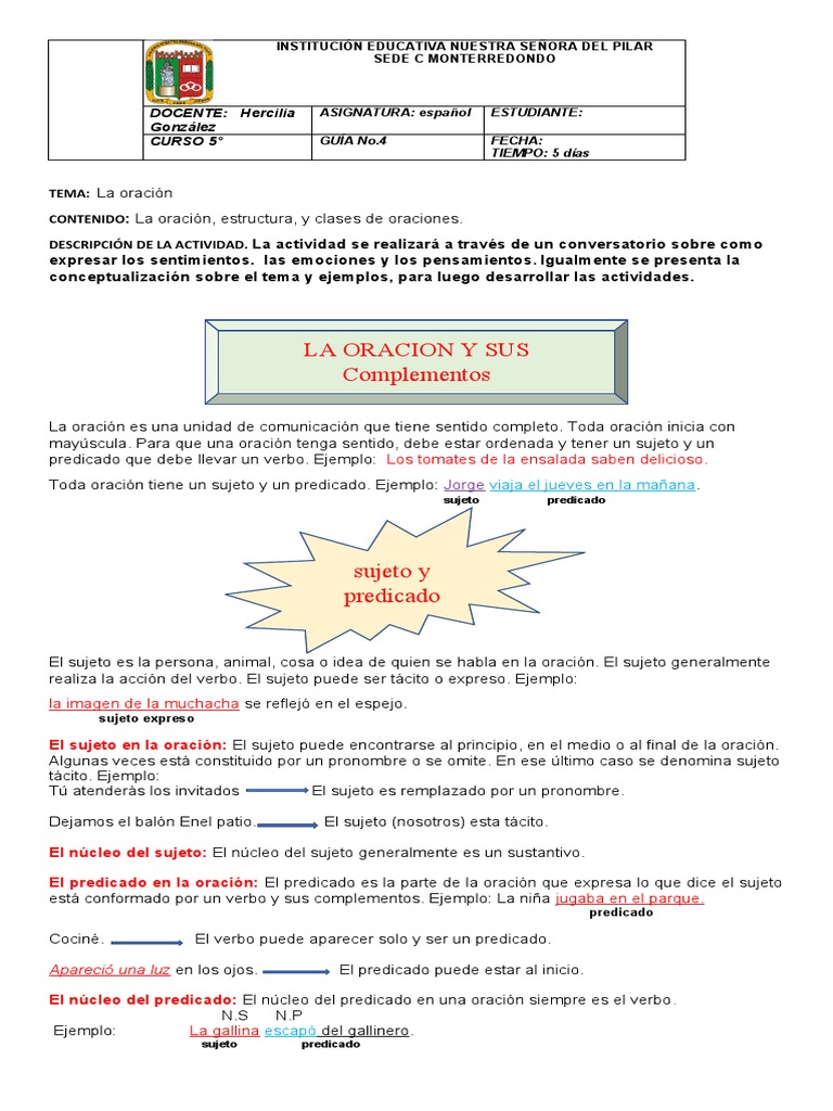 Guia de Español La Oracion Grado 5 Perido 2 | PDF | Asunto (gramática ...