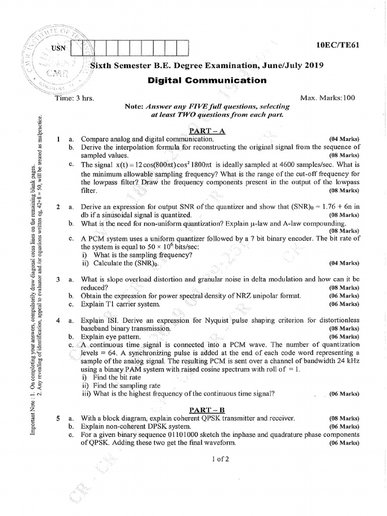 VTU Question Paper of 10EC61 Digital Communication Jun-2019 | PDF