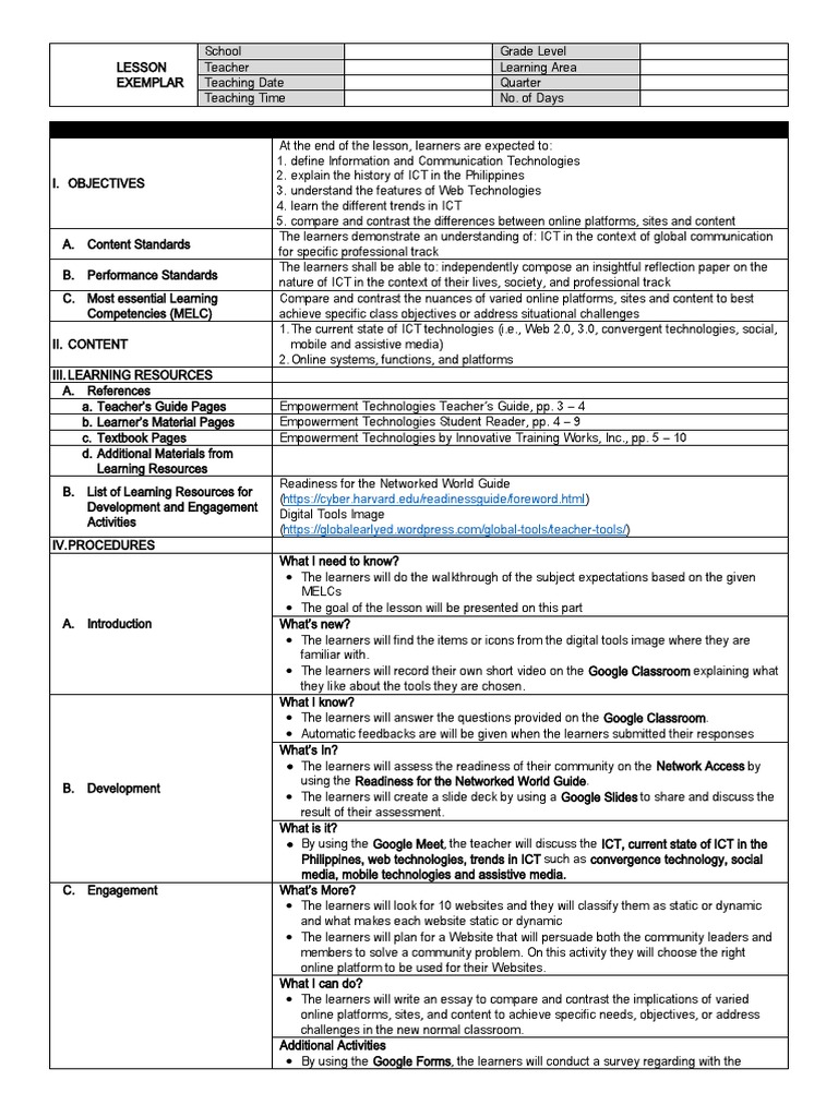 LESSON EXEMPLAR Editable Template | PDF | Educational Technology | Websites