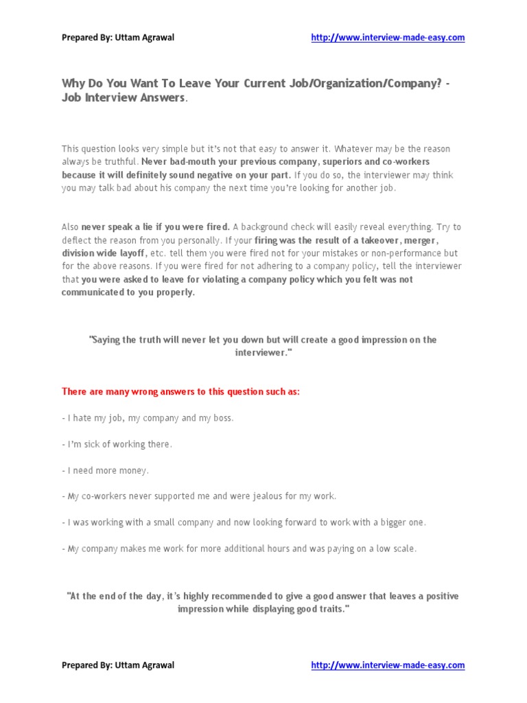 Why Do You Want To Leave Your Current Job/Organization/Company? - Job ...