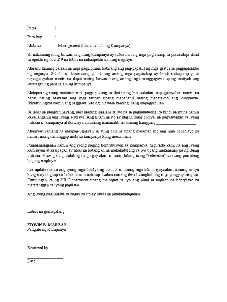 Retrenchment Letter - Tagalog | PDF