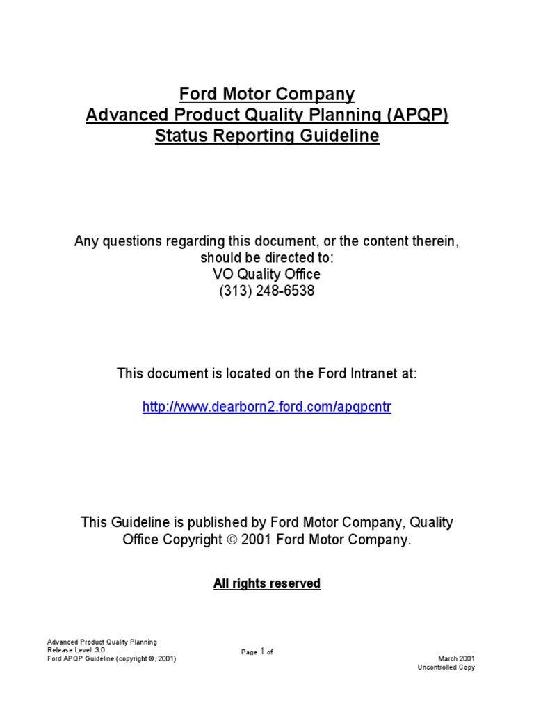 Ford Motor Company Advanced Product Quality Planning (APQP) Status ...