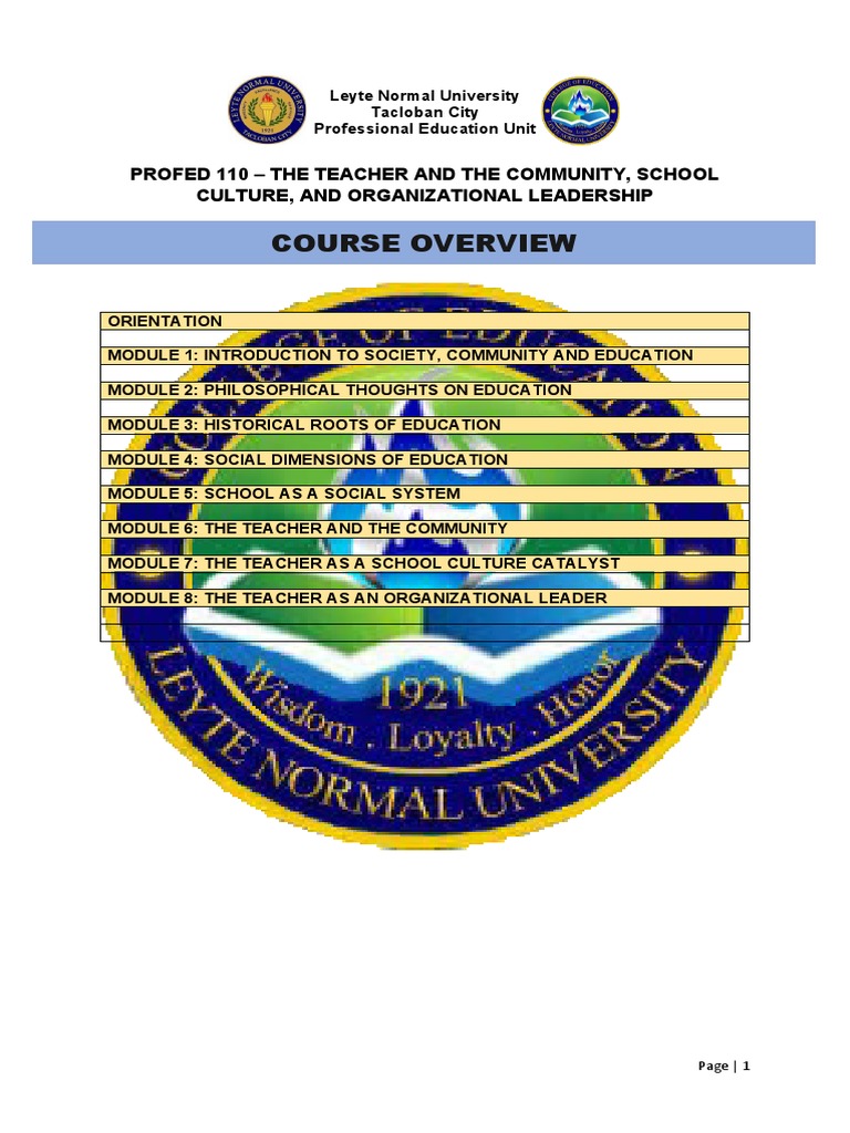 Course Overview: Profed 110 - The Teacher and The Community, School Culture, and Organizational ...