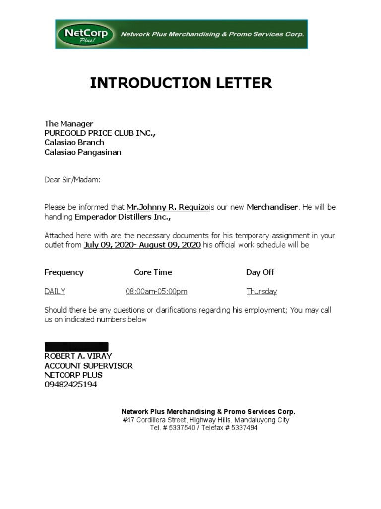 Introduction Letter: The Manager Puregold Price Club Inc., Calasiao ...