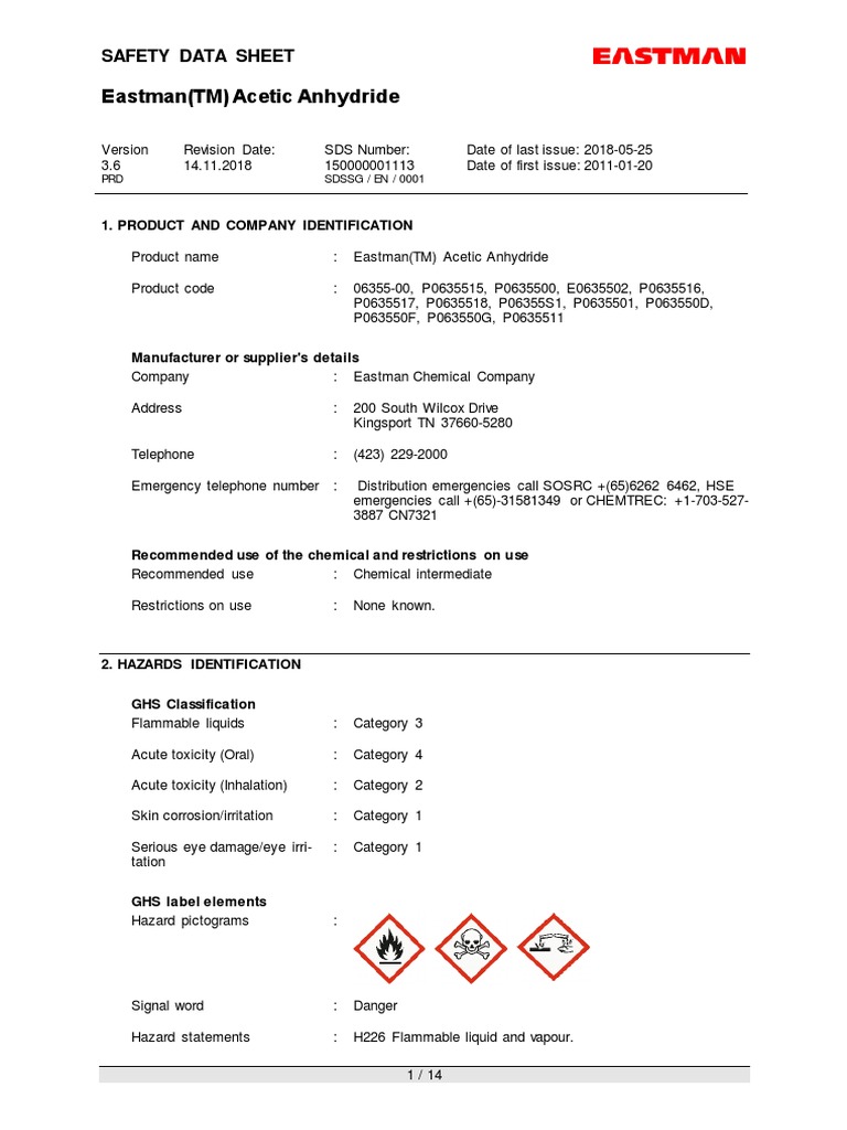 Acetic Anhydride Safety Data Sheet | PDF | Toxicity | Dangerous Goods