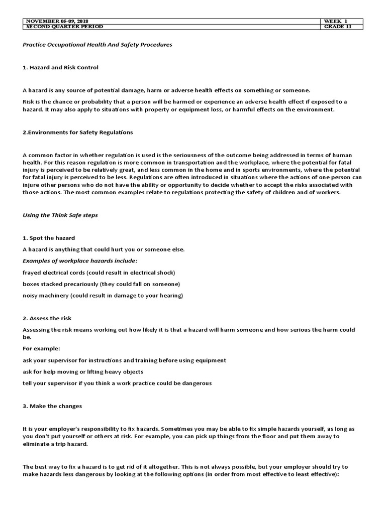 Hazard and Risk Control: Practice Occupational Health and Safety ...