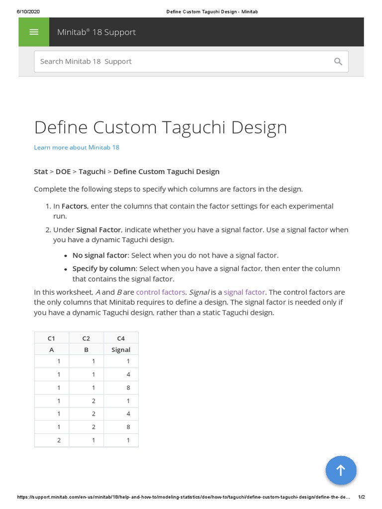 Define Custom Taguchi Design - Minitab | PDF
