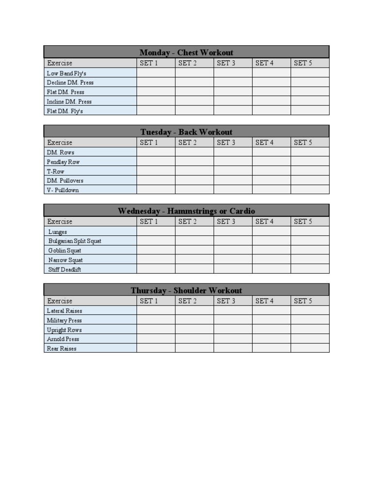 Monday - Chest Workout: Exercise Set 1 Set 2 Set 3 Set 4 Set 5 | PDF ...