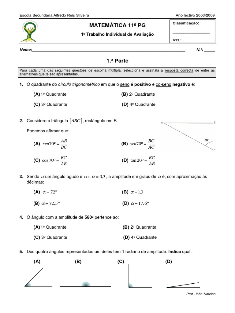 Matematica A4 Miniteste | PDF | Ângulo | Funções trigonométricas