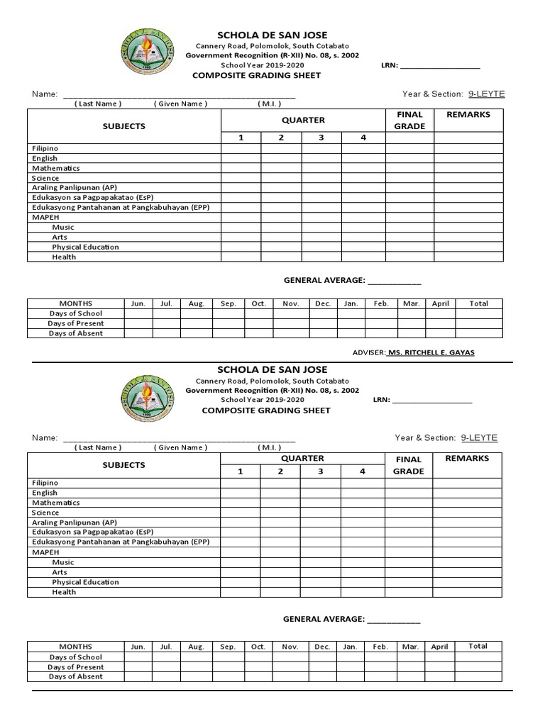 Schola de San Jose: Composite Grading Sheet | PDF