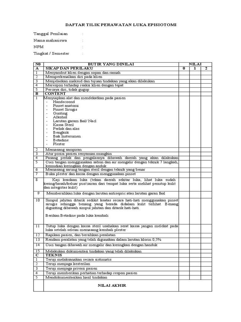 Daftar Tilik Perawatan Episiotomi | PDF