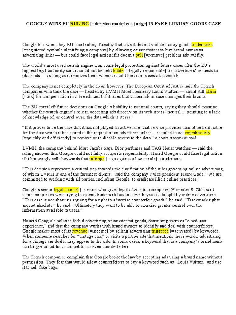 Google Wins Eu Ruling ( Decision Made by A Judge) in Fake Luxury Goods ...