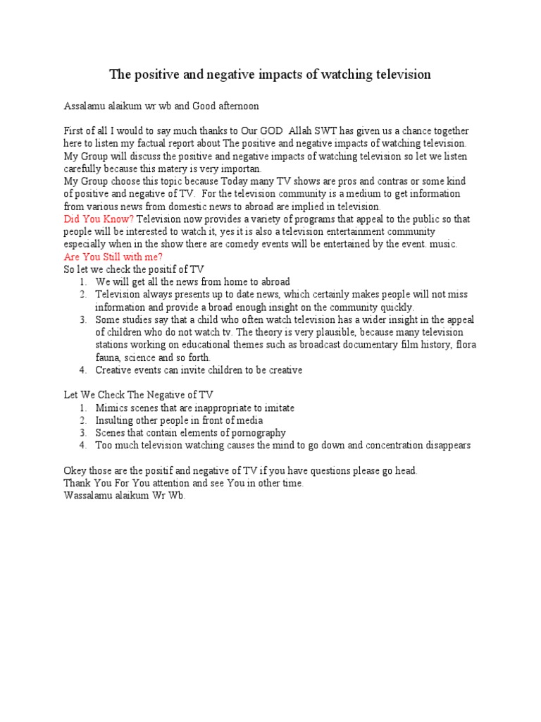 The Positive and Negative Impacts of Watching Television | PDF | News ...