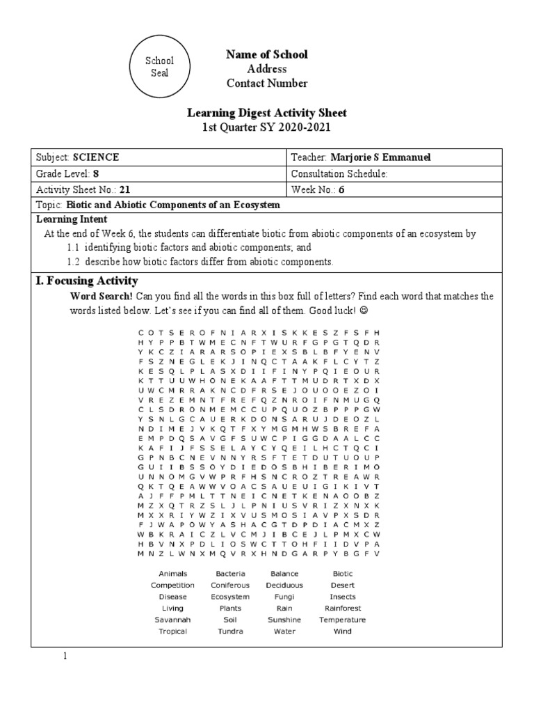 Sample Learning Digest Activity Sheet - Chong Hua | PDF | Ecosystem ...