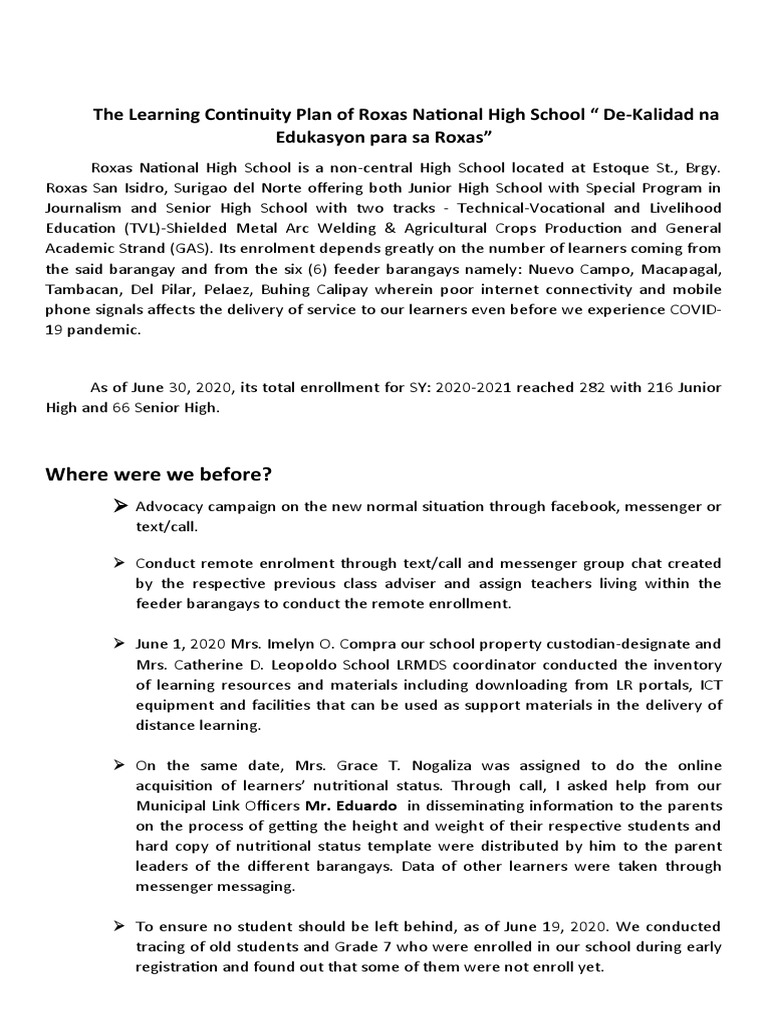 Learning Continuity Plan | PDF | Teachers | Learning