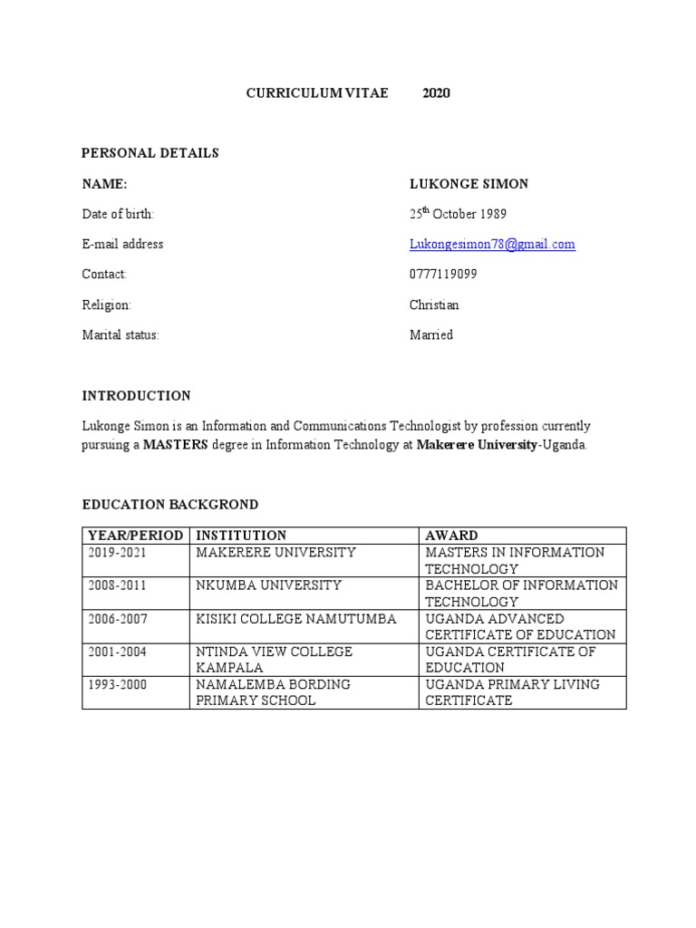 Lukonge Simon's IT CV 2020 | PDF | Educational Technology | Expert