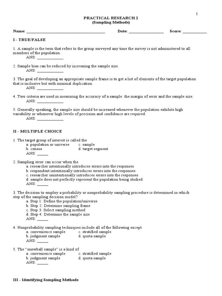 Identifying Sampling Methods Worksheet | Download Free PDF | Sampling ...