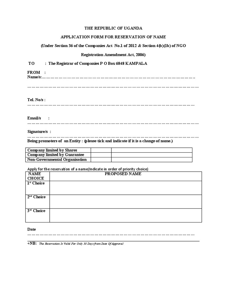 Name Reservation Form | PDF