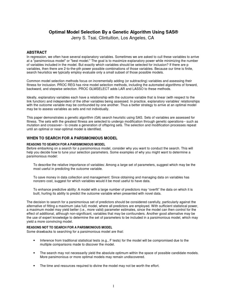 Optimal Model Selection by A Genetic Algorithm Using SAS®: Jerry S ...