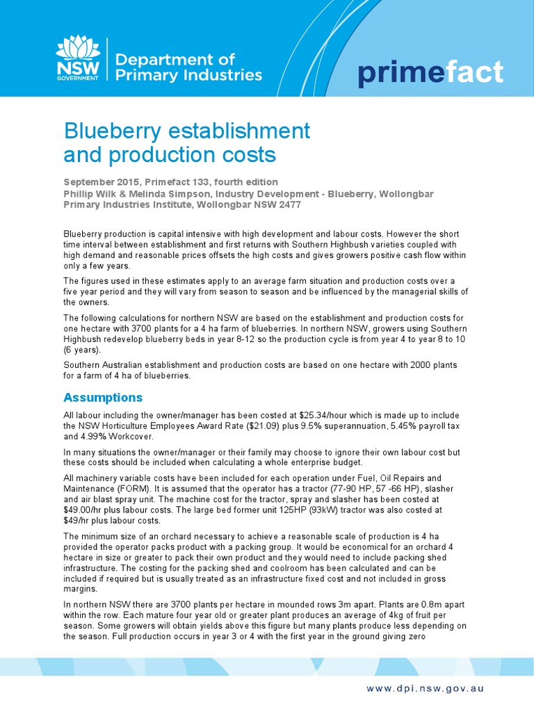 Blueberry Establishment and Production Costs: Assumptions | PDF ...