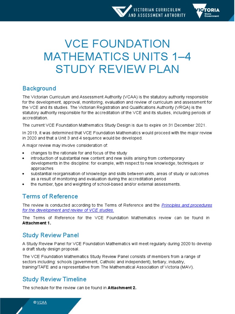 Vce Foundation Mathematics Units 1-4 Study Review Plan: Background ...