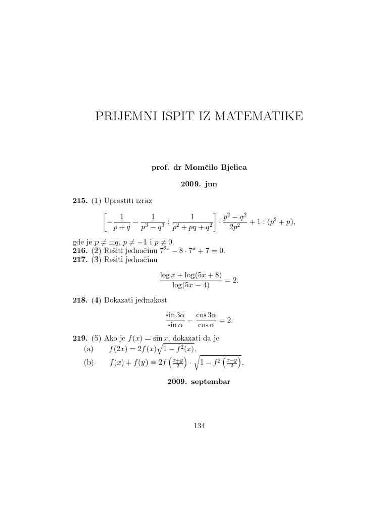 Prijemni Ispit Iz Matematike 2009 - 2019 | PDF