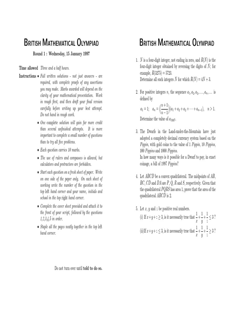 Bmo1 1997 | PDF | Teaching Mathematics | Science