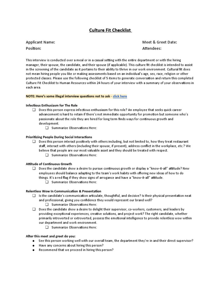 Culture Fit Checklist | PDF | Extraversion And Introversion | Attitude ...