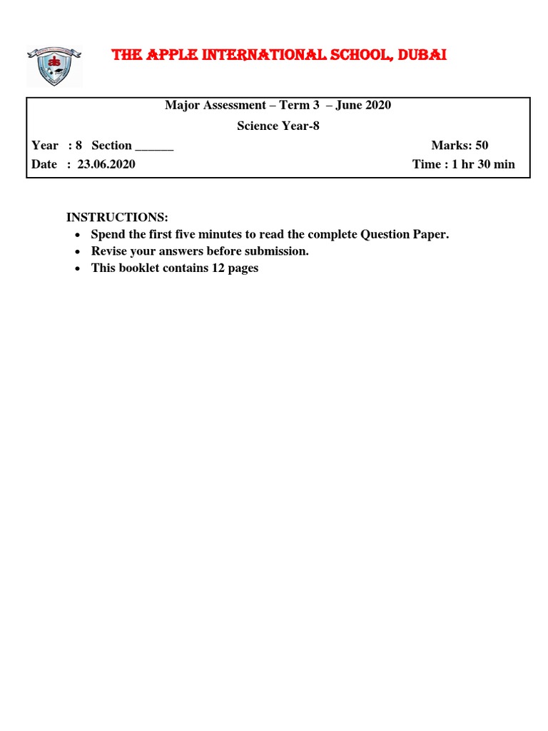 Year 8 Science Assessment Paper | PDF | Stoma | Light