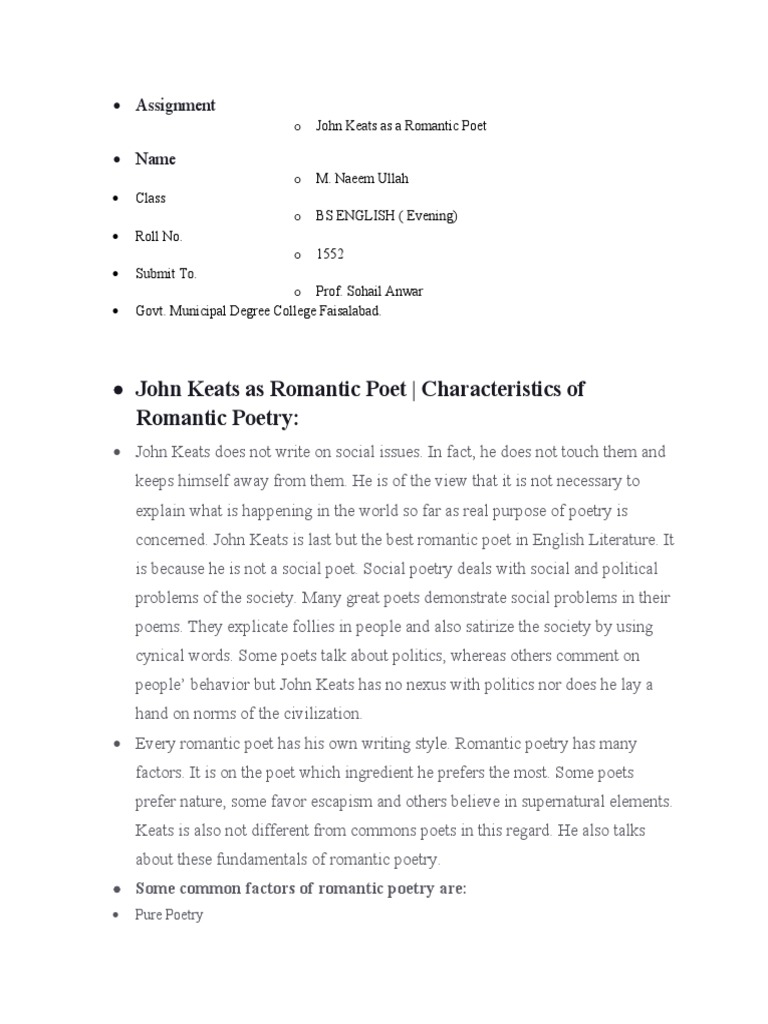 John Keats As Romantic Poet - Characteristics of | PDF | John Keats ...