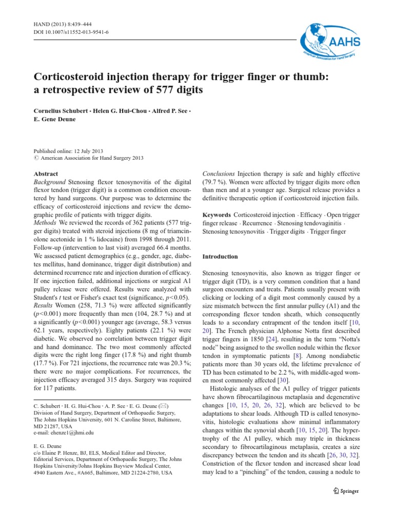 Corticosteroid Injection Therapy For Trigger Finger or Thumb: A ...