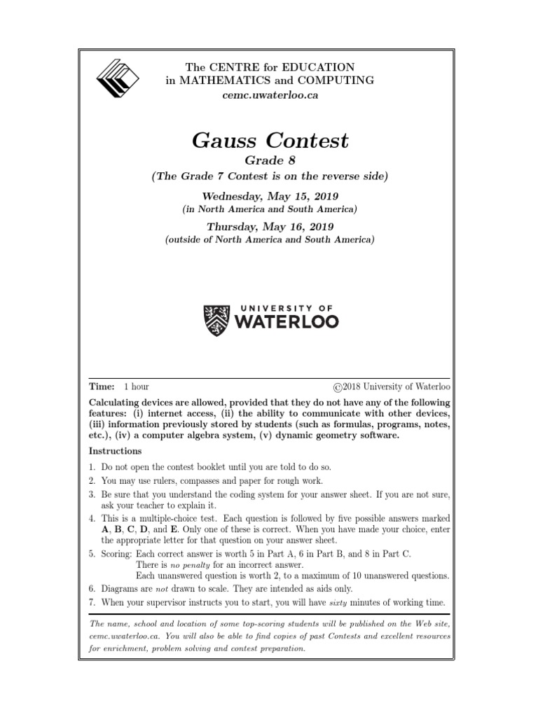 Gauss Contest: Grade 8 | PDF | Triangle | Area