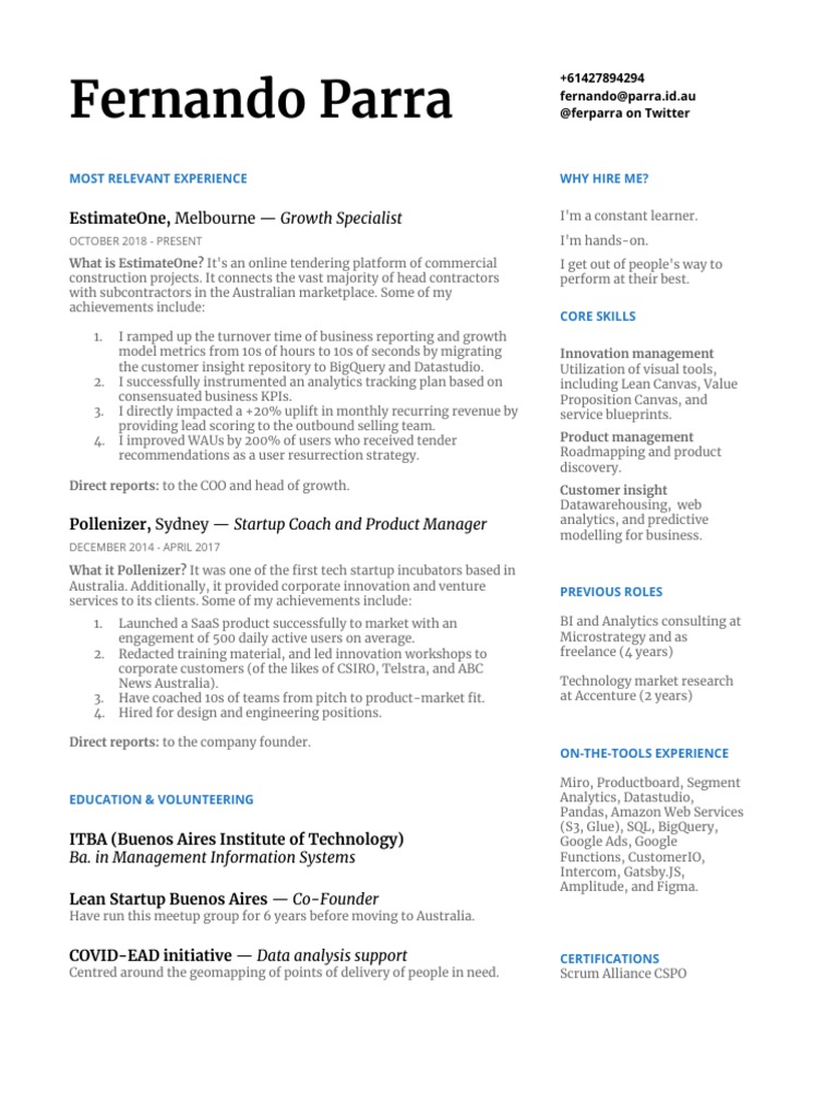 CV - Fernando Parra - 20200711 | PDF | Analytics | Lean Startup
