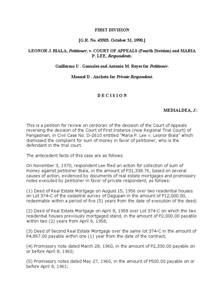 Biala Vs CA 1990 | PDF | Laches (Equity) | Lawsuit