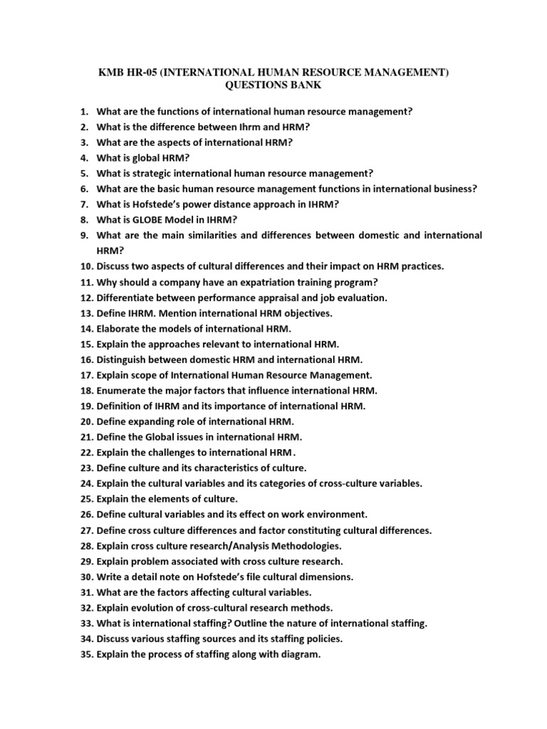 KMB HR-05 (International Human Resource Management) Questions Bank As ...
