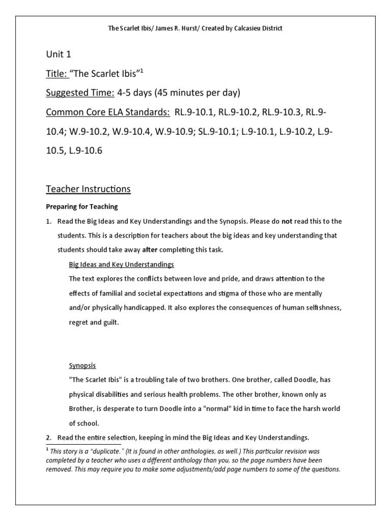 Teaching "The Scarlet Ibis" Guide | PDF | Social Stigma | Word