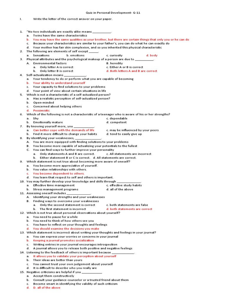 Quiz in Personal Development-G 11 | PDF | Body Shape | Adolescence
