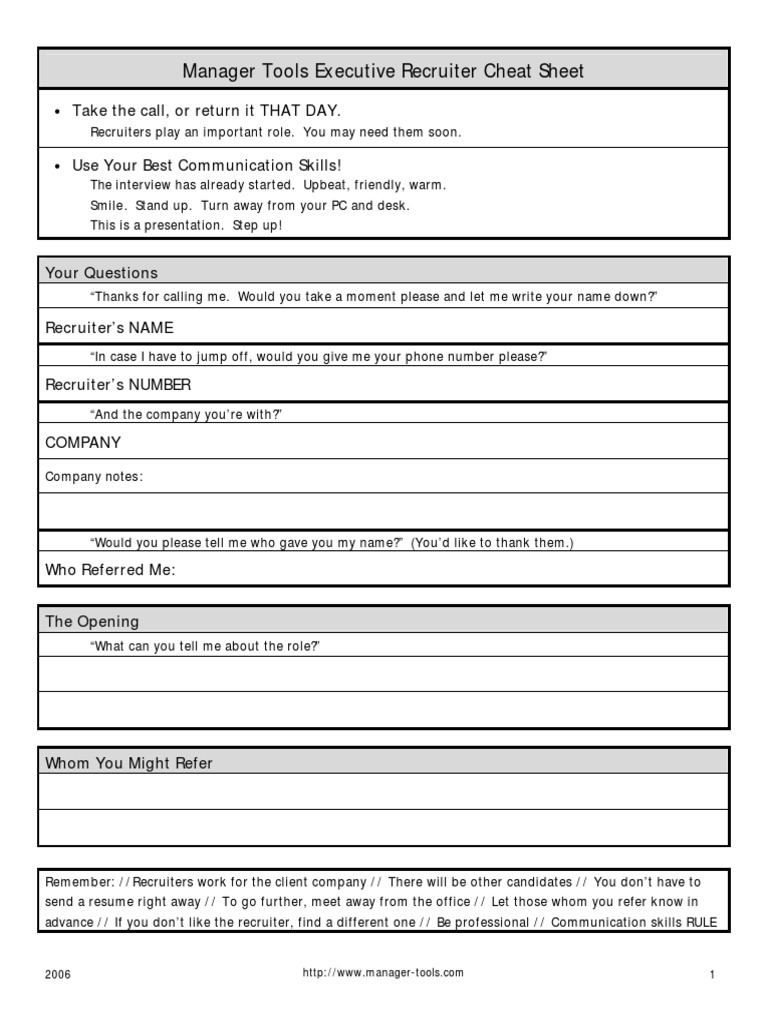 Recruiter Cheat Sheet PDF | PDF