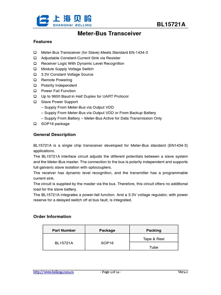 BL15721A Meter-Bus Transceiver: Features | PDF | Capacitor | Electronic ...
