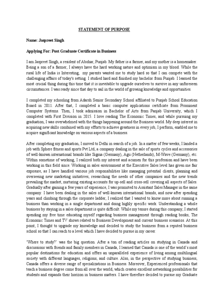 Jaspreet SOP | PDF | Business | Business