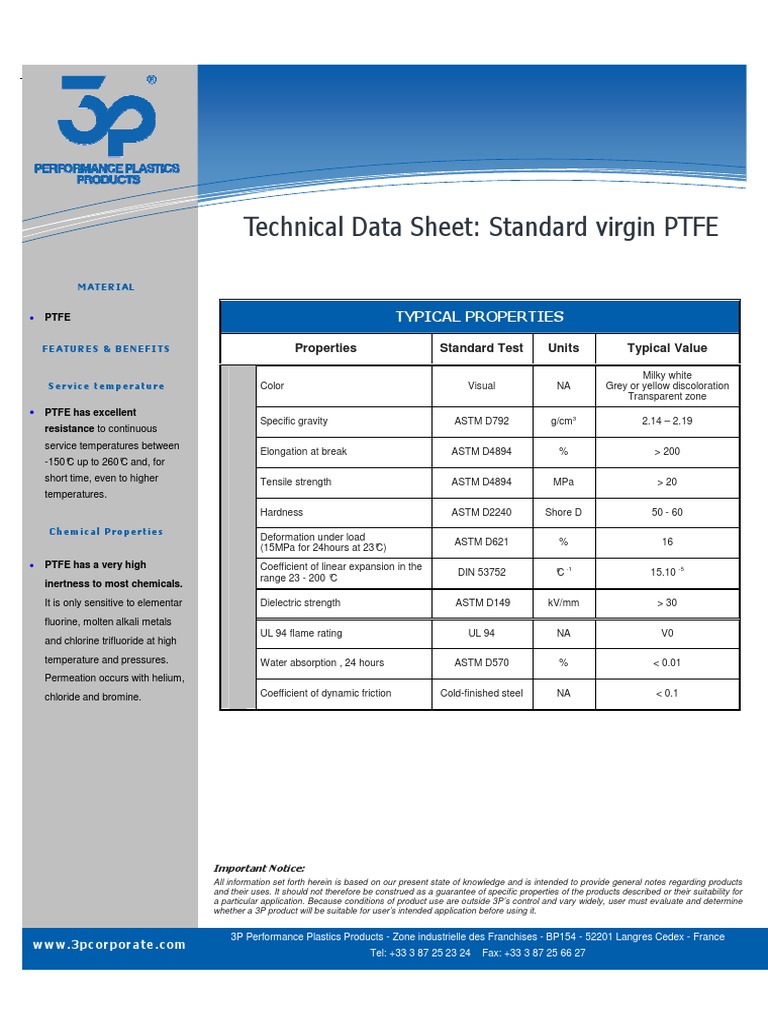 3P Technical Data Sheet - Standard Virgin PTFE-org | PDF | Sodium ...