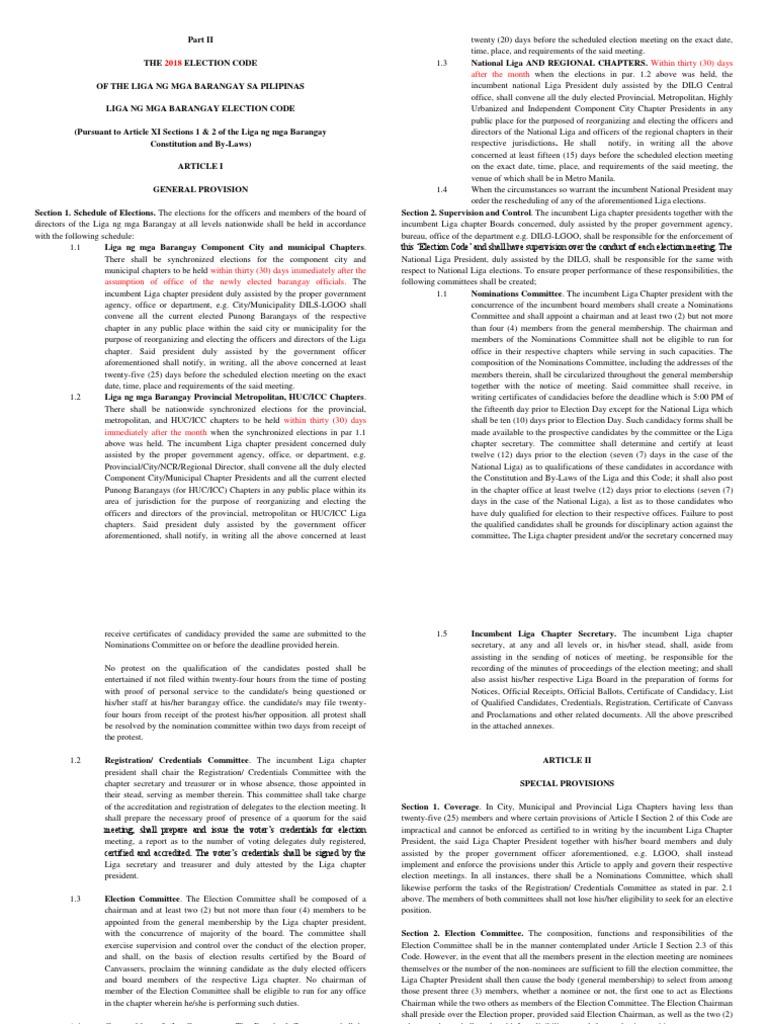 2018-Liga-Election-Code (Liga NG Mga Barangay) | PDF | Elections | Voting