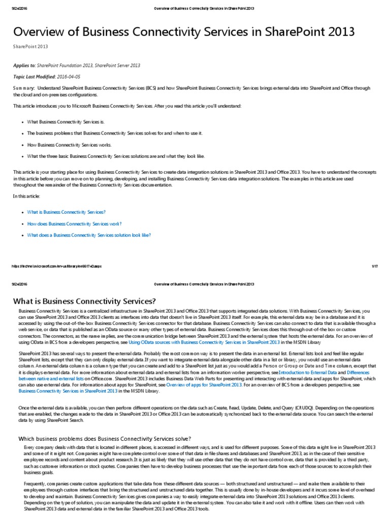 Overview of Business Connectivity Services in SharePoint 2013 | Download Free PDF | Share Point ...